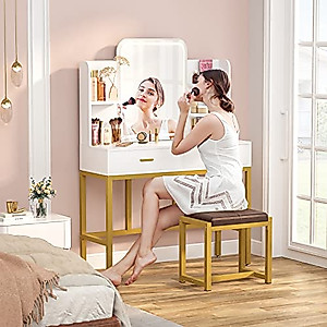 armocity Vanity Desk with Mirror and Light, Makeup Vanity with Cushioned Stool, Vanity Table Set with 3 Color Lighting Options, Modern Dressing Table with 2 Storage Drawers for Bedroom, White
