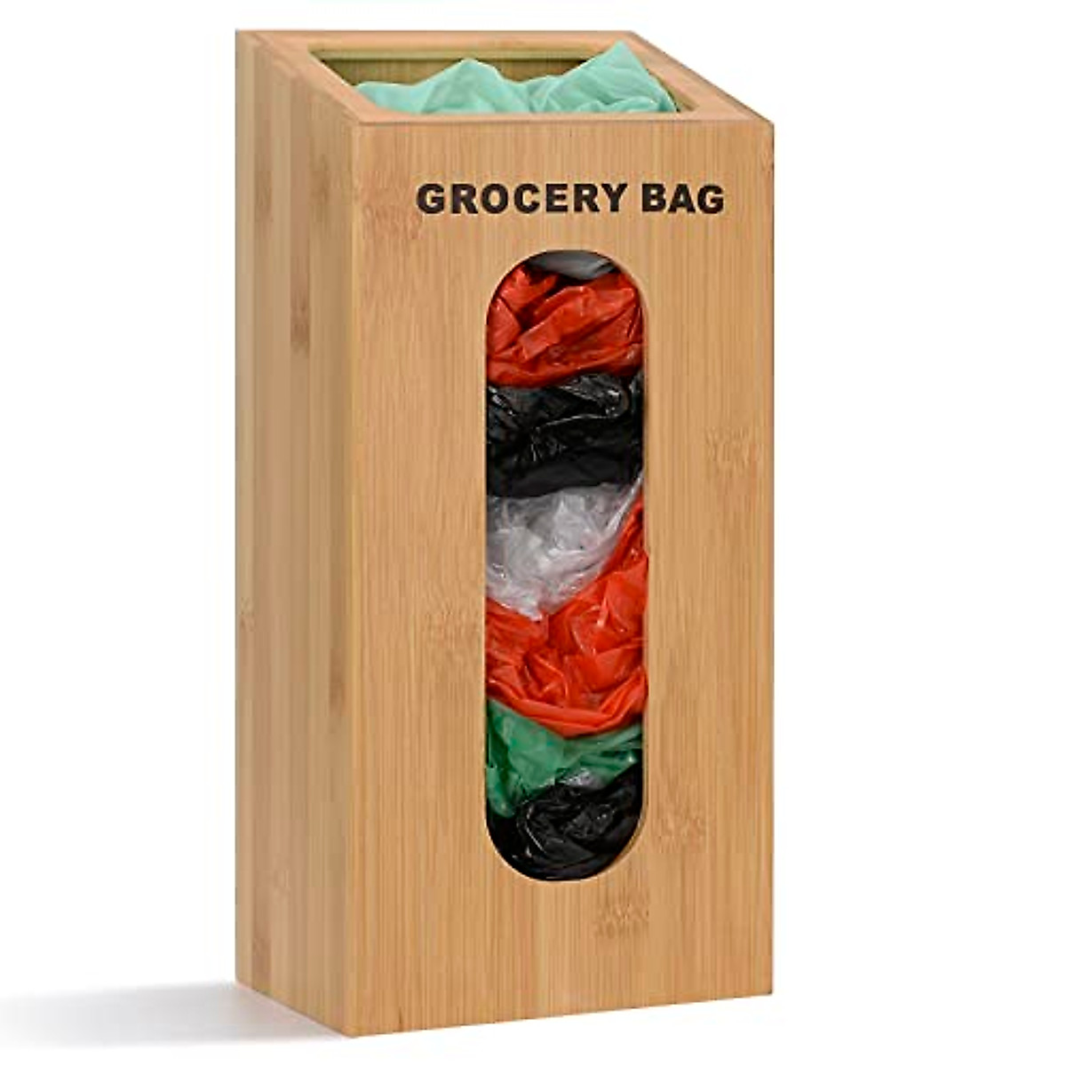 Grocery Bag Dispenser Plastic Bag Holders for Grocery Bags - Bamboo Trash Bag Dispenser, Can Hold 50-60 Used Shopping Bags -Grocery Bag Storage Organizer for Kitchen - Large Opening & Slot - 5"x7"x15”