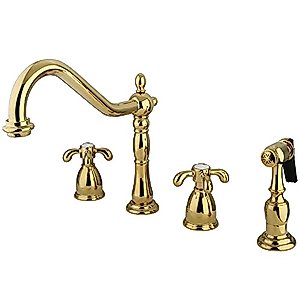 Kingston Brass KB1792TXBS French Country Widespread Kitchen Faucet with Brass Sprayer, Polished Brass