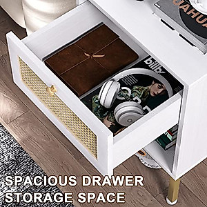 Ecoprsio Nightstands Set of 2 for Bedroom, Boho Bed Side Table with Storage Drawer, Mid-Century Modern Night Stand with Wood Finish and Rattan Drawer, End Table, Sofa Couch Side Table - White