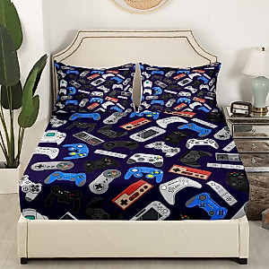 Erosebridal Gamer Fitted Sheet Twin Size Gaming Bed Set Boys Gamepad Bed Cover for Kids Teens Juvenile Retro Video Games Bedding Set for Living Room Dorm Decorative, Blue (No Flat Sheet)