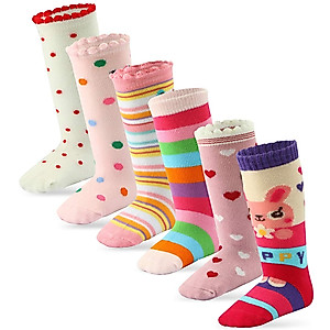 6 Pairs Toddler Girl Knee High Grip Socks, Baby Socks Girl School Socks Anti Slip for Kids Girl (6 Pairs, 12-36 Months)