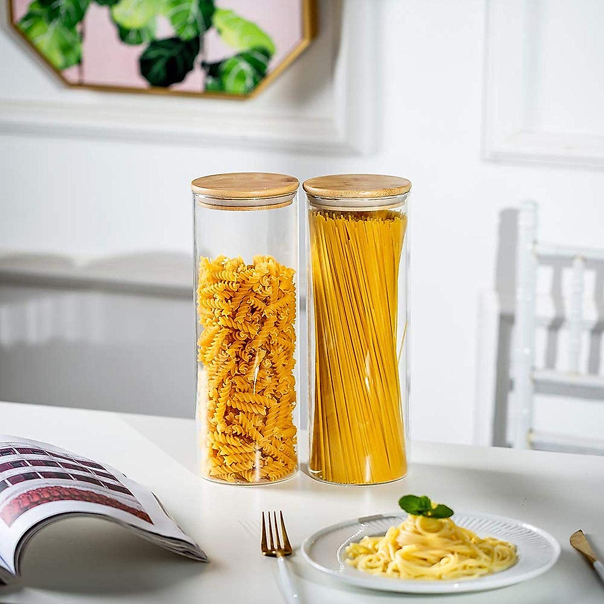 TSTSM Glass Pasta Jars,1.8L Spaghetti Storage Jars with Lid,Airtight Food Storage Containers,Transparent Household Whole Grain Bucket,Storage Tank for Snacks, Tea, Coffee Beans-2pcs