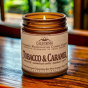 California Handcrafted Tobacco & Caramel Scented Soy Wax Candle for Men - Vintage Gentleman Collection - 9 oz Amber Glass Jar
