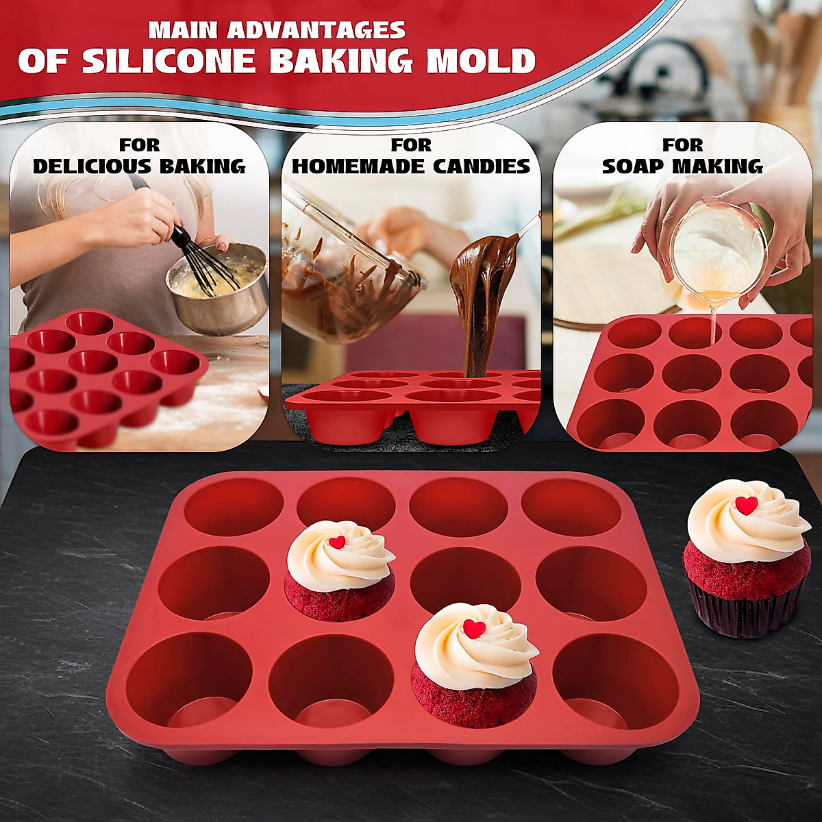 V TOWER 2Pcs Silicone Muffin Pans for Baking - 2 inch Deep Muffin Pan Silicone Molds for Baking Pans Nonstick Muffin Pan 12 Cavity - Silicone Muffin Pan Cupcake Silicone Molds Baking Pan Set