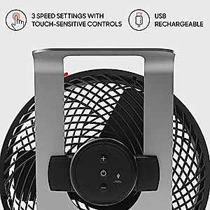 Sharper Image GO 9 Rechargeable Portable Fan with Stand, 3 Speeds, Adjustable Head Tilt, Black