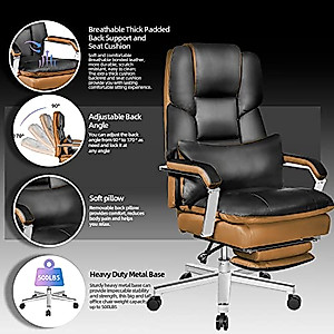 SeekFancy Reclining Office Chair with Footrest O203, Big and Tall Office Chair 500lbs Wide Seat with 170° Backrest, High Back Large Executive Office Chair Lumbar Support，Black Leather Managerial Chair