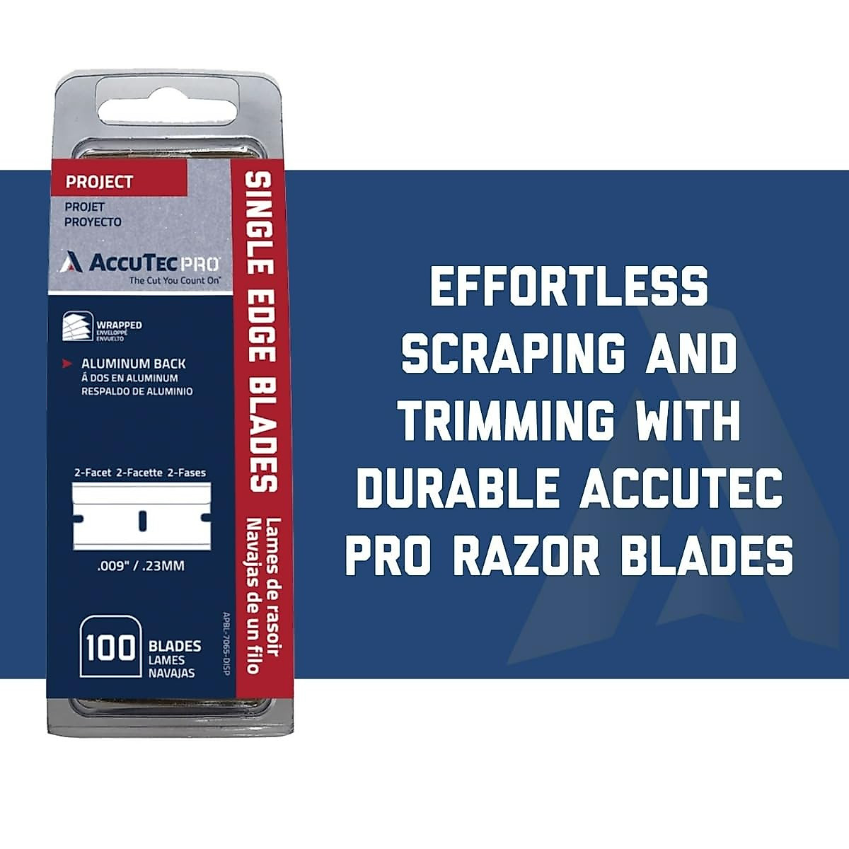 AccuTec Pro Single Edge Aluminum Backed Razor Utility Blades with Display - 100-Pack - .009" Made of High Carbon Steel for Edge Flexibility and Durability - APBL-7065