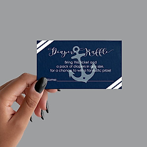 Paper Clever Party Nautical Diaper Raffle Tickets (25 Pack) Boys Baby Shower Games for Drawing Prizes - Invitation Insert Guests to Fill-In – Anchor Theme Blue - 2x3.5 Printed Card Set