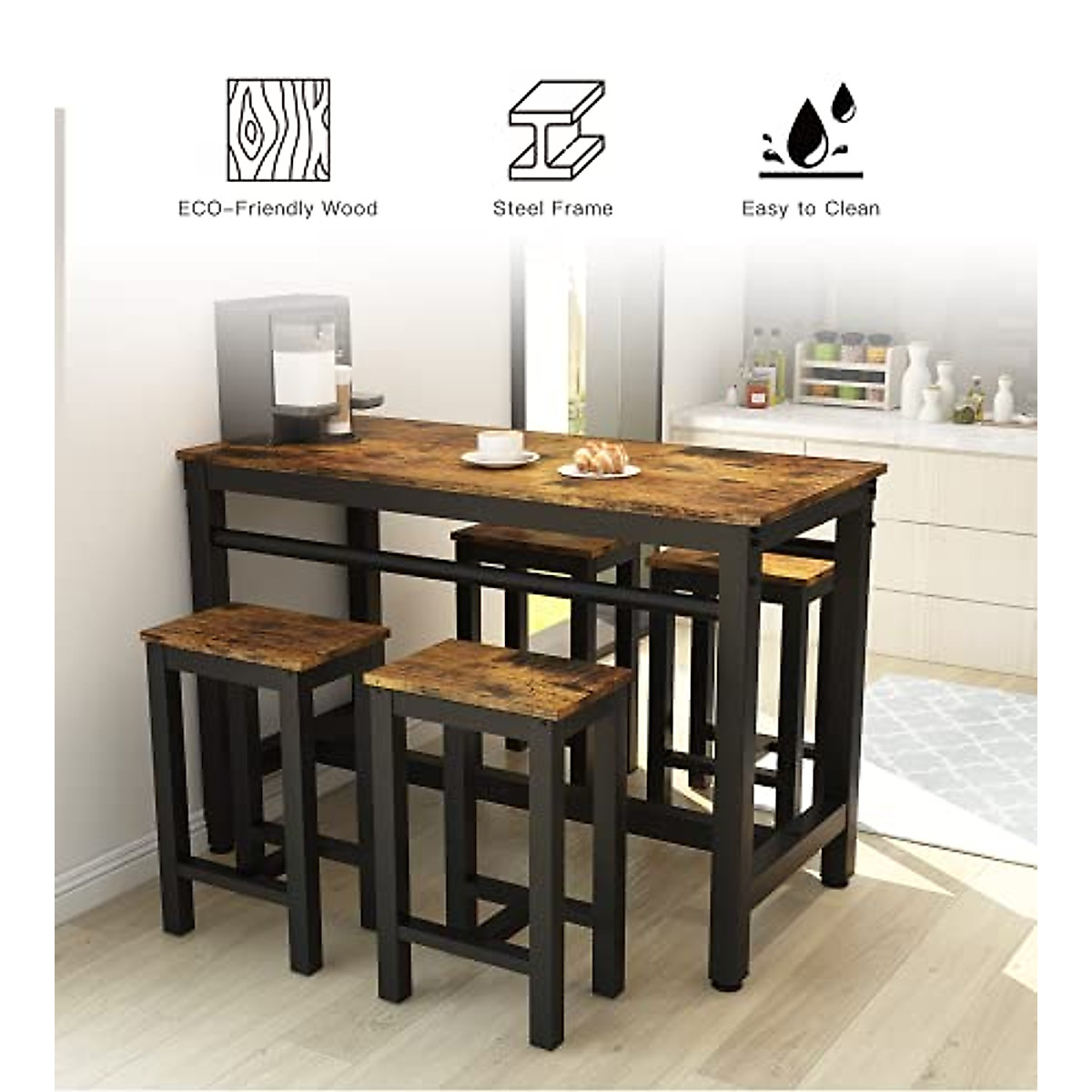 MIERES Dining Table Set for 4-5pcs Kitchen Room Dinette Furniture, Compact Space | Sturdy Metal Frame | Easy Assembly, Height 32.7'', Ideal for DiningRoom | Breakfast Nook, Rustic Brown, 5pcs