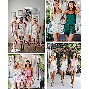 SWOMOG Womens Pajamas Satin 4 Piece Sleepwear Cami Tops And Ruffle Shorts Silk Long Pajama Pants Soft Summer Loungewear Pjs Champagne