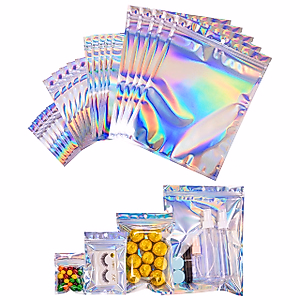 100 Pack Resealable Smell Proof Mylar Bags - Holographic 8 x 10 Inch Ziplock Pouch for Food Storage, Cookies, Jewelry Packaging