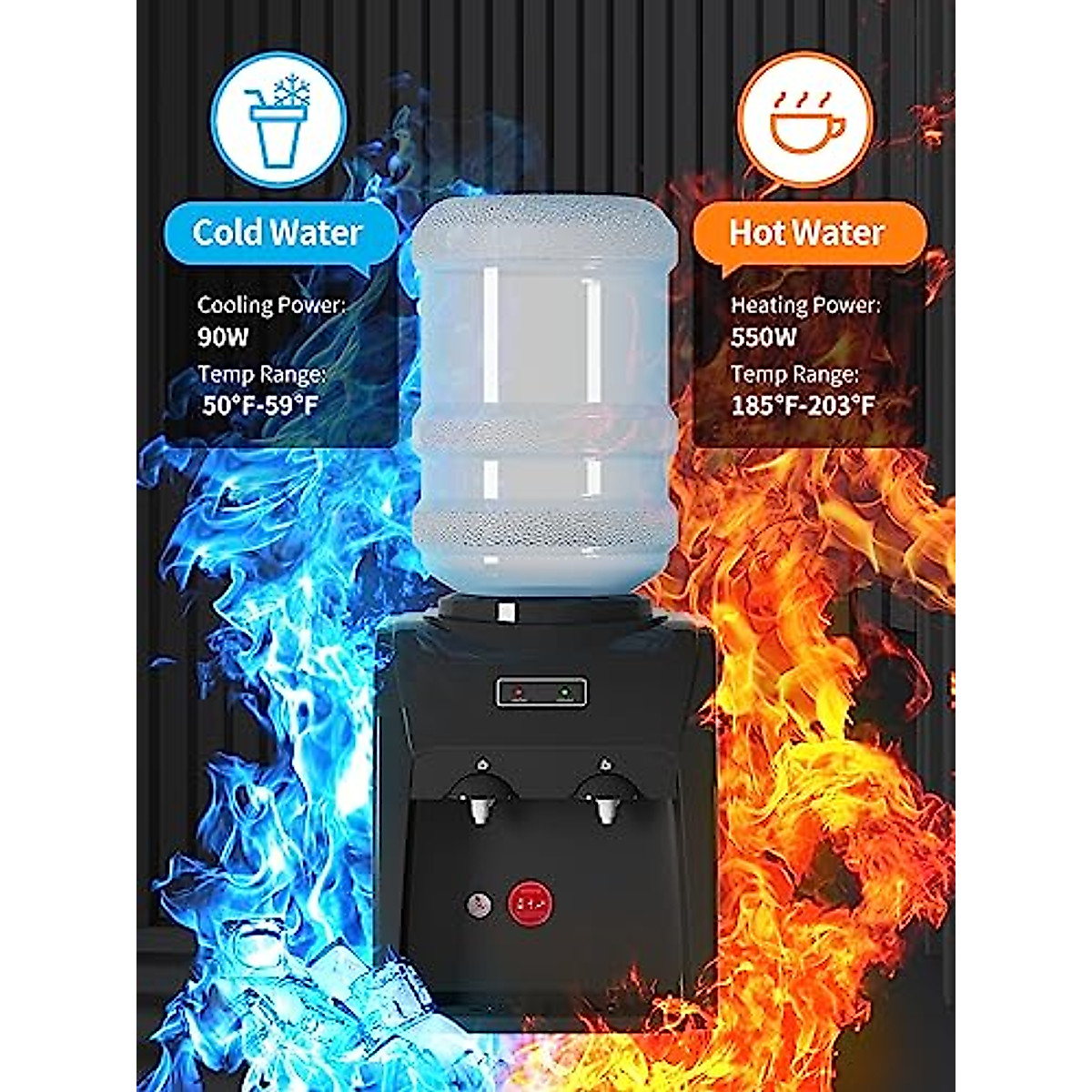 TABU Countertop Water Cooler Dispenser, Top Loading Water Cooler, Hot & Cold Water Dispenser, Holds 3 or 5 Gallon Bottle, with Anti-Scalding Design and Child Safety Lock for Home, Office Use (Black)