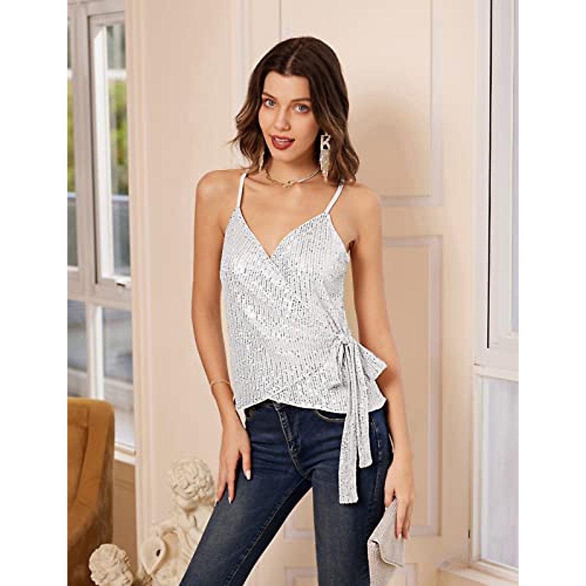 GRACE KARIN Sequin Top Sleeveless Party Camisole Tank Vest V Neck Ruched Tie Waist Silver White Dressy Tops L