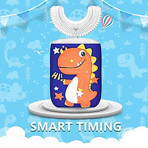 Kids Electric Toothbrush U Shape Dinosaur Ultrasonic Automatic Toothbrush with Replacement Soft Bristles Heads Six Modes 360°Oral Cleaning IPX7 Waterproof Smart Rechargeable Toothbrush (3. Orange)