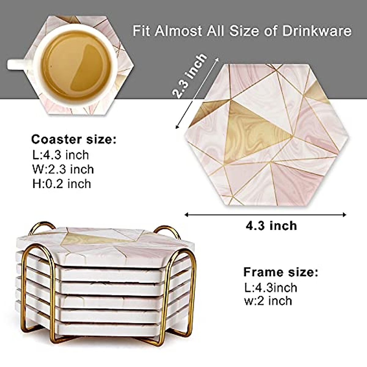 6 Pcs Pink Marble Coasters with Holder Gold Absorbent Drink Coasters Hexagon Cute Ceramic Table Coaster Set Decorative Bar Coasters Modern Coffee Cup Coasters