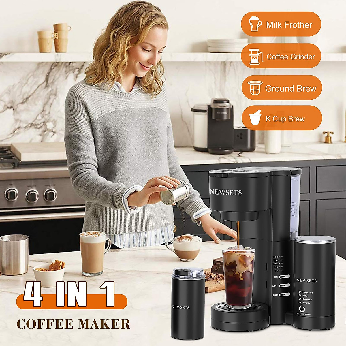 NEWSETS Single Serve Coffee Maker for K Cups and Ground Coffee, 4 in 1 Coffee Machine with Grinder and Milk Frother, 6 to 14oz Brew Sizes, 28oz Removable Water Reservoir, Self-cleaning Function, Black