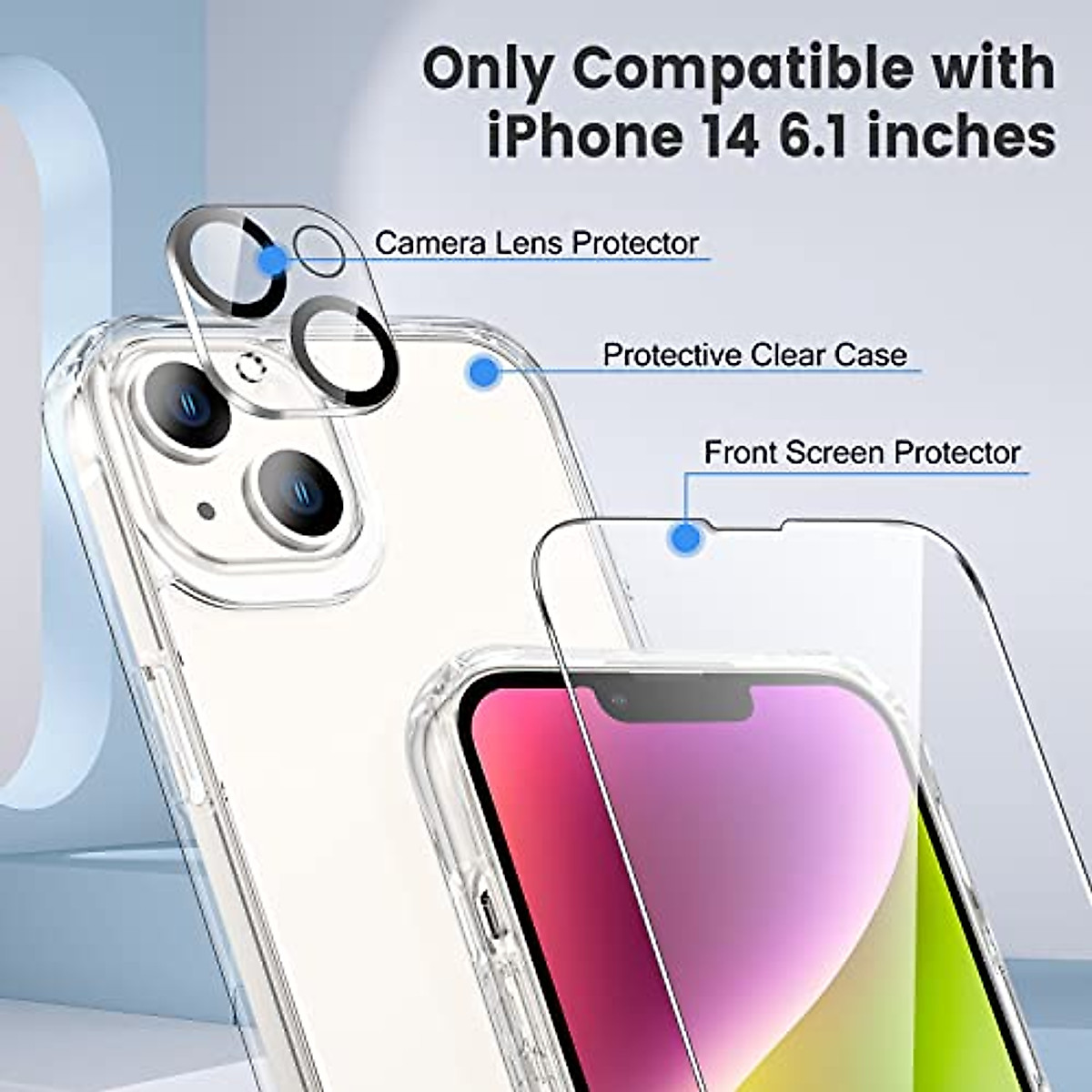 Maxdara [3 in 1 for iPhone 14 Clear Case, iPhone 14 Case with Tempered Glass Screen Protector and Camera Lens Protector Drop Protection Case for iPhone 14 6.1 Inch(Clear+Clear)