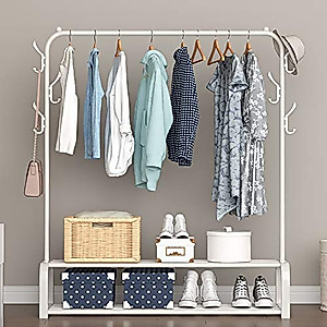YAYI Garment Rack Clothes Rack Freestanding Hanger Bedroom Clothing Rack With 2-Tier Lower Storage Shelf And Side Hooks,White