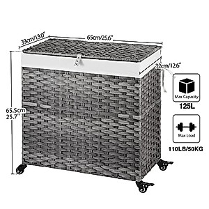 Greenstell Laundry Hamper with Wheels&Lid, 125L Large 3 Sections Clothes Hamper with 2 Removable Liner Bags, 5 Mesh Laundry Bags, Handwoven Divided Laundry Basket Gray