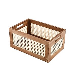 CINWEN Decorative Vintage Wooden Crate Storage Box, Rustic Pine Wood Organizer Bin Basket w/ Built-In Handles for Kitchen Pantry, Cupboard, Cabinet, Counter, Home Sort Collection - Natural Pine