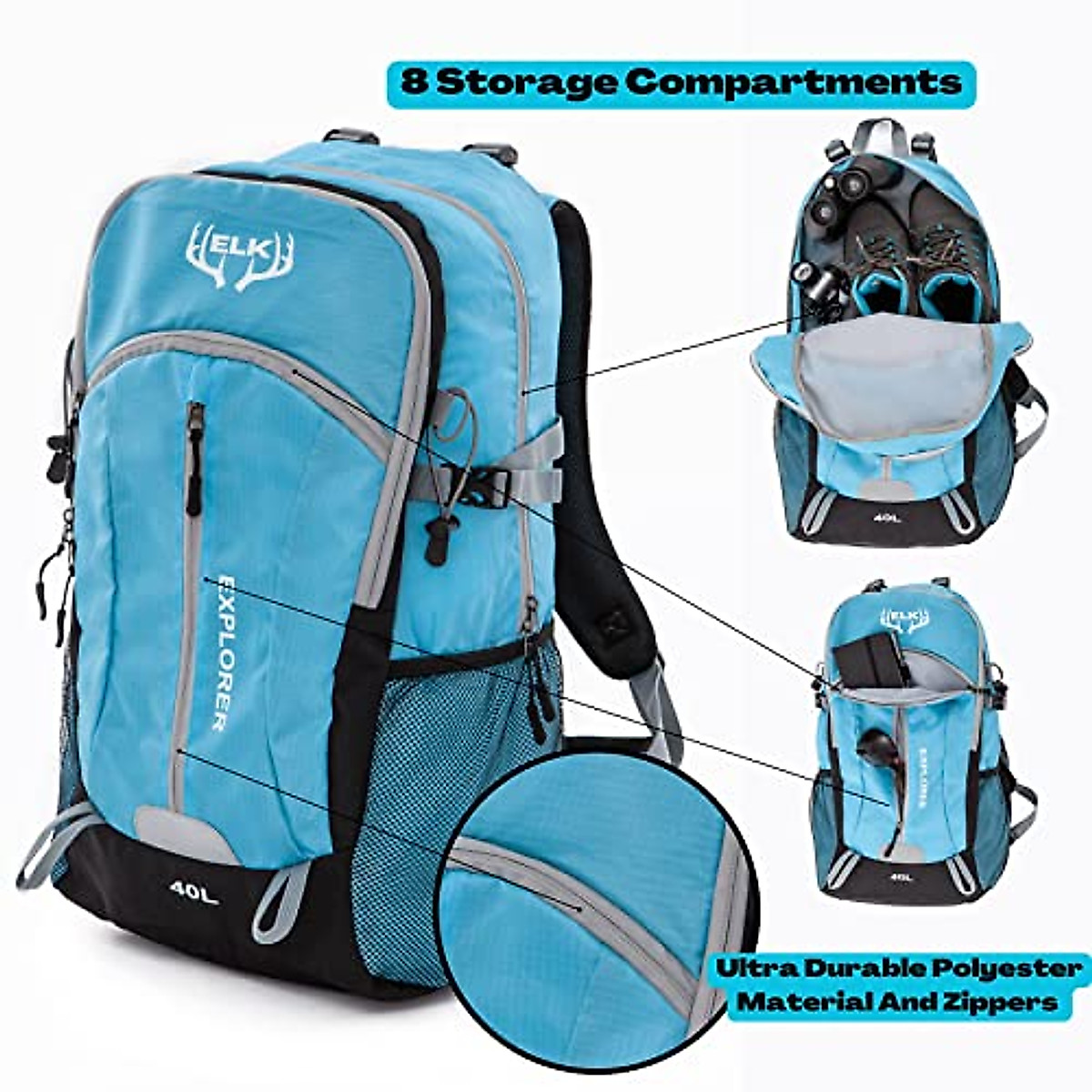 Elk 40L Hiking Backpack, Lightweight Waterproof Daypack with Rain Cover