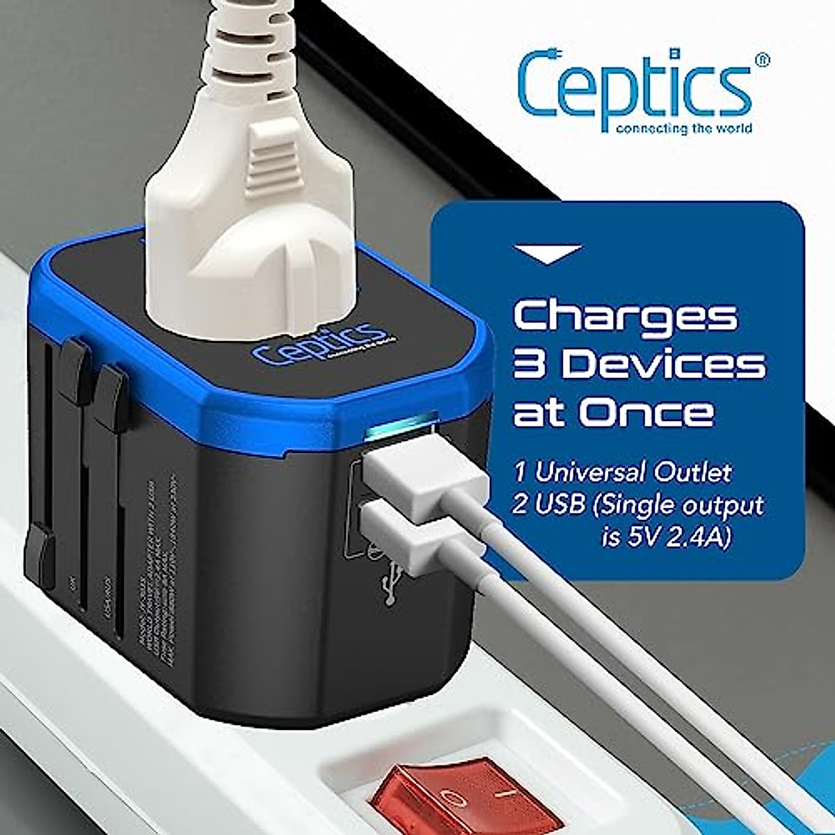 Ceptics Universal Adapter - World Power Charger Wall Charger 2 USB Type I C G A Outlets All in One 110V 220V A/C - Works in Europe, Asia, Australia, China, Africa (UP-8KU-BLK)
