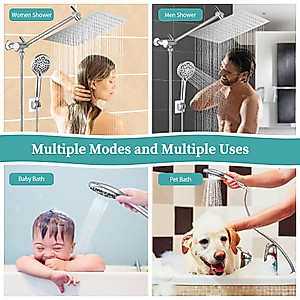 Rain Shower Head with Handheld, Lanhado 12'' High Pressure Rainfall Shower Head with 11'' Extension Arm, 9 Settings Handheld Shower Heads with Holder & Hose, Anti-leak Waterfall Showerhead, Chrome