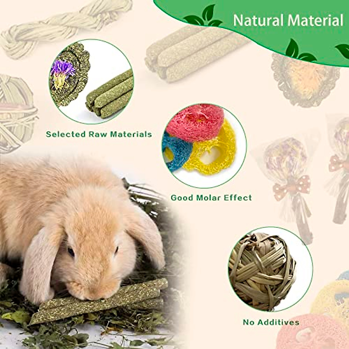FIPASEN Rabbit Chew Toys for Teeth, 16PCS Natural Timothy Hay Chew Toy, Improve Dental Health for Bunny/Chinchilla/Guinea Pig/Hamsters/Holland Lop, Small Rodent Pet Molar Teeth Treats Toys