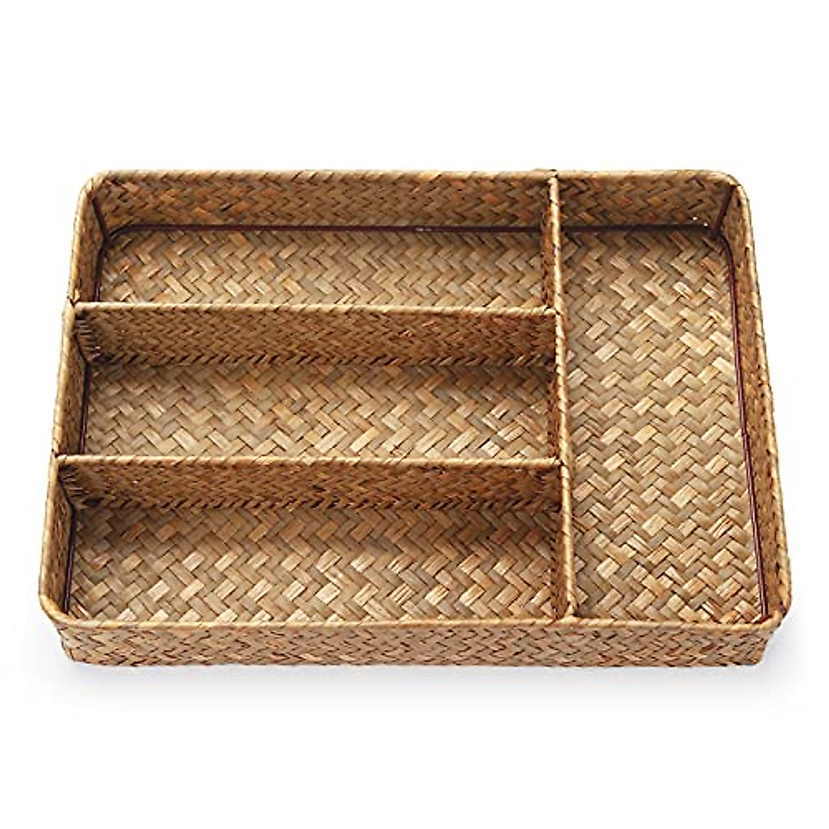Seagrass Storage Basket with Compartments Utensil Tray for Organization Silverware Flatware Rectangular Shelf Baskets with 4 Sections