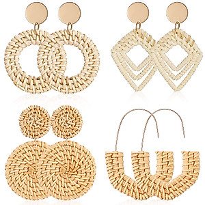 meekoo 4 Pairs Rattan Earrings for Women Beach Essentials Tassel Dangle Boho Straw Earrings(Boho)