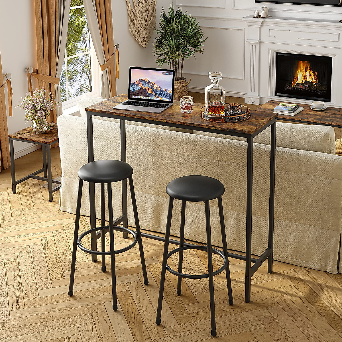 Hoctieon Dining Table with 2 Bar Stools, Rectangle Bar Table and 2 Chairs Set, Small Kitchen Table and Chairs, Bistro Pub Table and Chairs Set of 2 for Café, Kitchen, Living Room, Rustic Brown