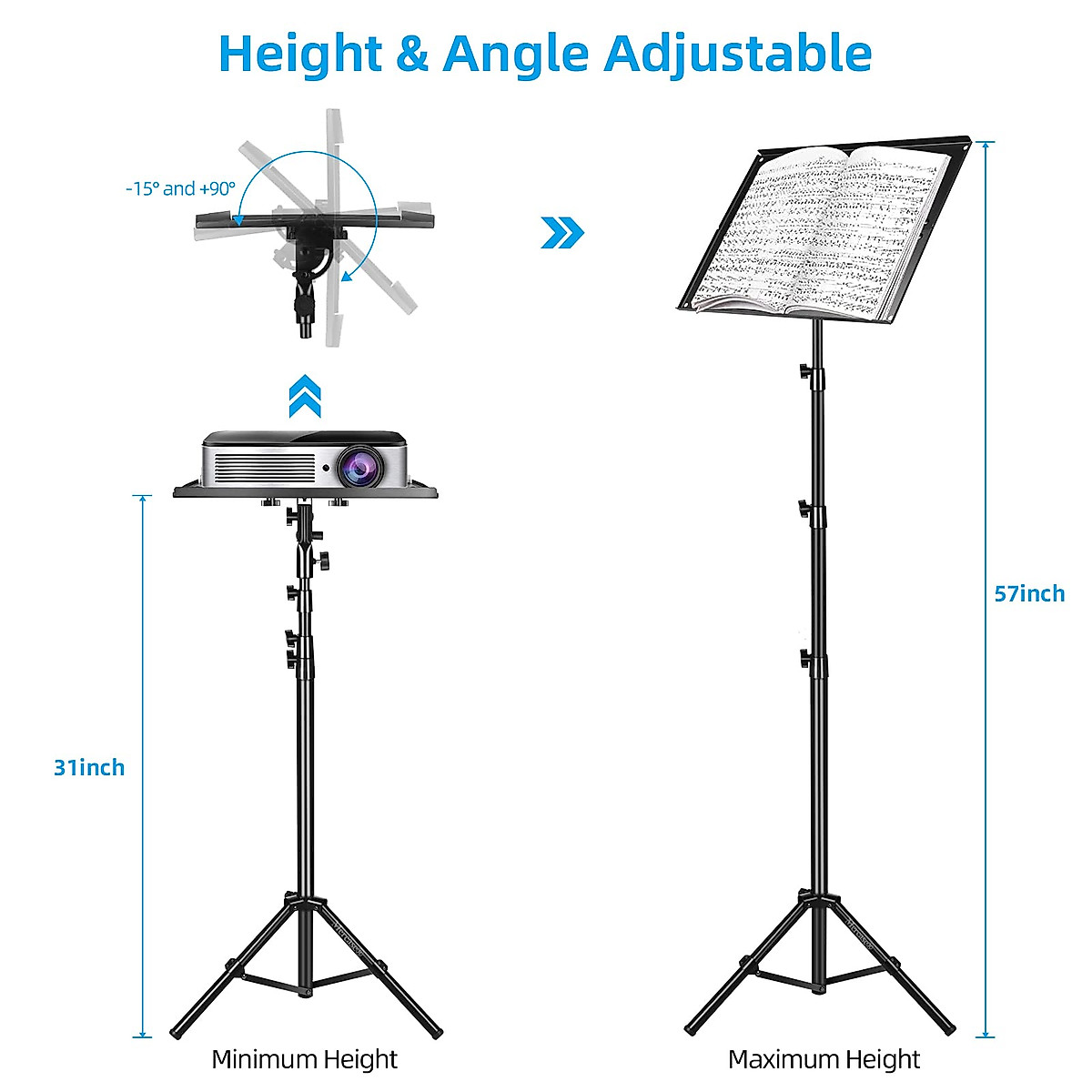 Mercase Projector Tripod Stand with 2 Shelves Adjustable Height 31 to 57 Inch,Foldable Laptop Tripod Stand,Portable Projector Stand for Laptop, Projector