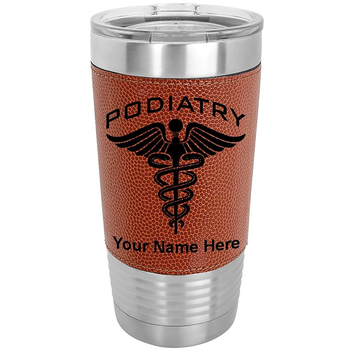 LaserGram 20oz Vacuum Insulated Tumbler Mug, Podiatry, Personalized Engraving Included (Faux Leather, Basketball Style)