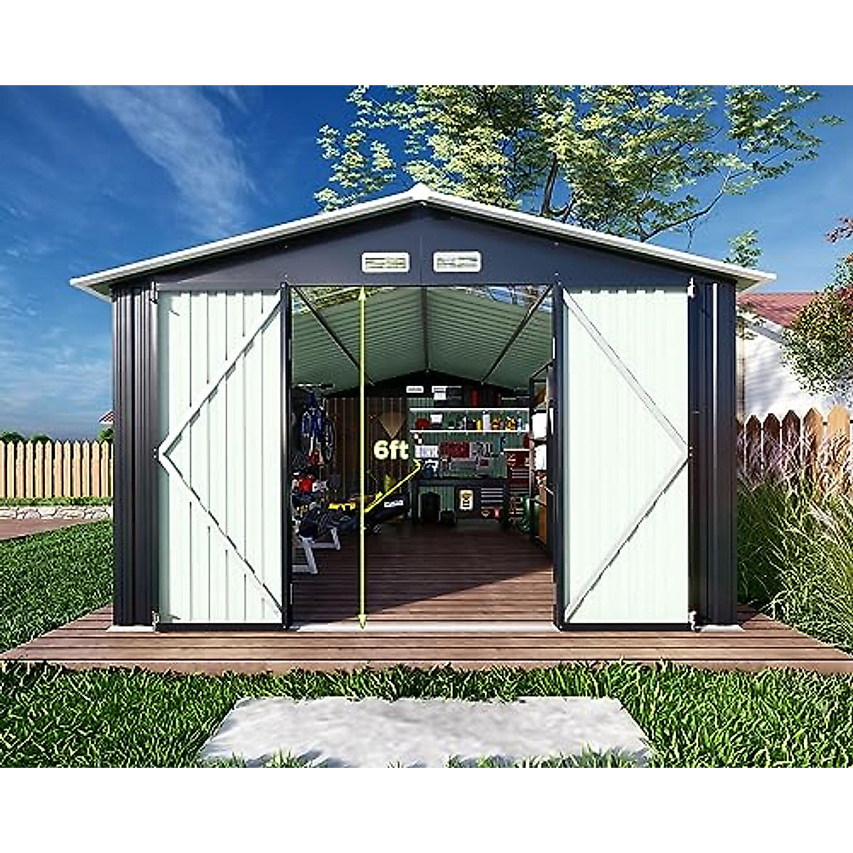 VanAcc 10x12x7.5 FT Outdoor Storage Shed, Galvanized Steel Metal Garden Sheds Kit with 2 Light Transmitting Window and Double Lockable Door, Oversized Tool Sheds for Backyard Patio Dark Grey/White