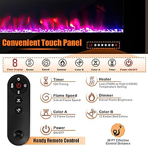 GOFLAME 50 Inch Electric Fireplace, Recessed & Wall-Mounted Fireplace Heater with Touch Panel, APP Control, Remote Control, 12H Timer, Adjustable Flame Color and Brightness, Overheat Protection