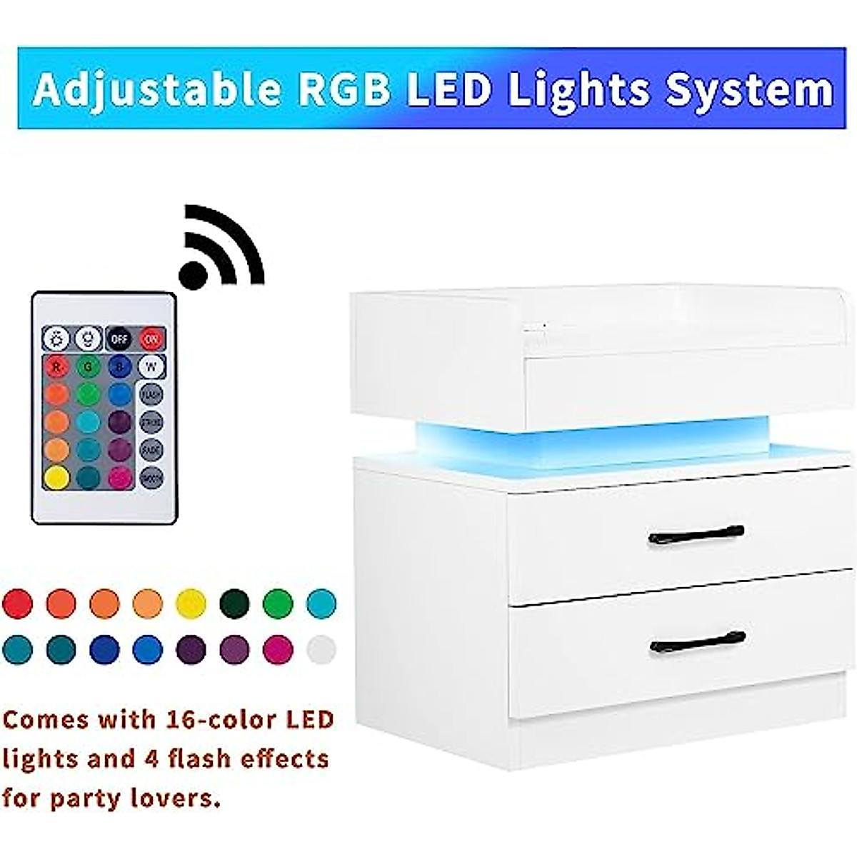 BKEKM Nightstands Nightstand Led Lights End Table MDF Bedside Table USB Ports Remote Control 2 Drawers Bedside Cabinet Home Bedside Dresser Well Made