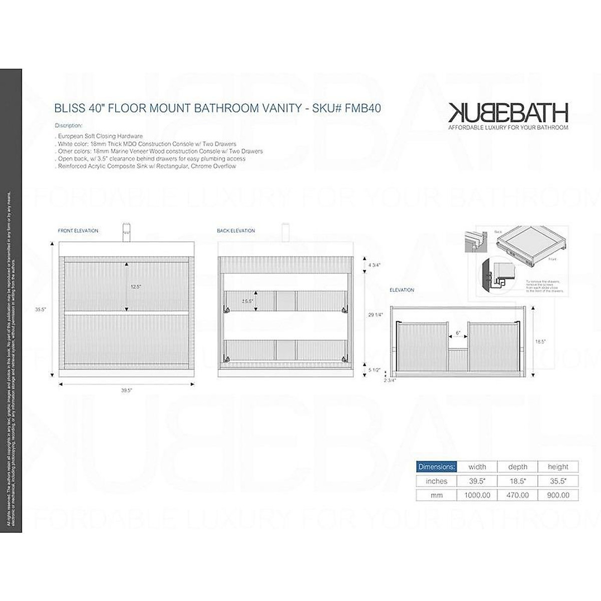 Bliss 40″ Black Floor Mount Modern Bathroom Vanity