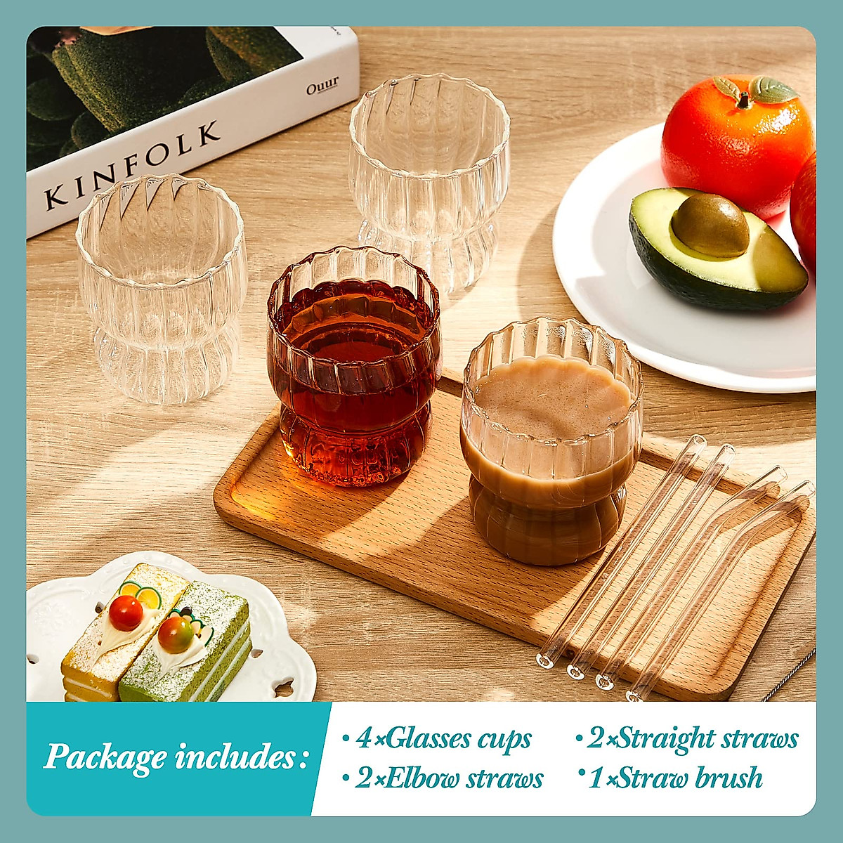 4 Pieces Ripple Drinking Glasses Set 8.8 oz Ribbed Glassware Glass Cups Vintage Fluted Glassware Ribbed Coupe Glass Origami Style Glass Cup Coffee Mug for Cocktail, 4 Glass Straws and Straw Brush