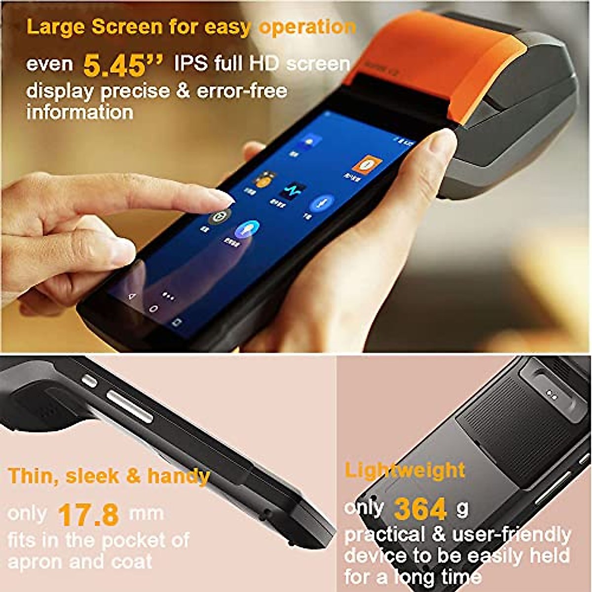 IWIRA Sunmi V2 POS Terminal with Receipt Printer, Speaker, Camera and Barcode Scanner All in One Handheld PDA Printer, Android 7.1 System, Support 4G, WiFi and Bluetooth, Orange, Black