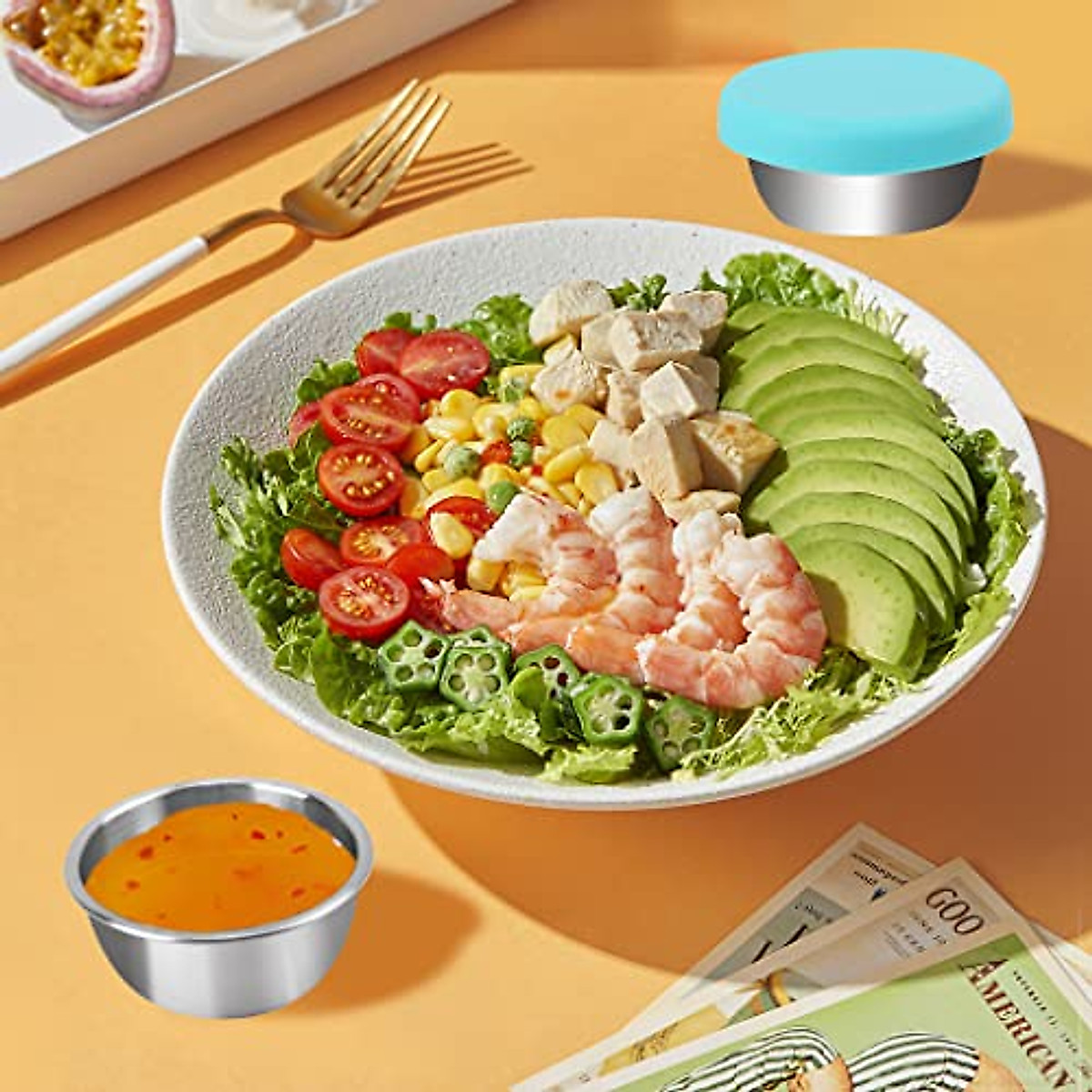 KyeeaDIY 6pcs Salad Dressing Container To Go Stainless Steel Dipping Sauce Cups With Lids Leak-Proof Condiment Cups Lunch Box Reusable Small Food Storage Containers Picnic Travel (6pcs)