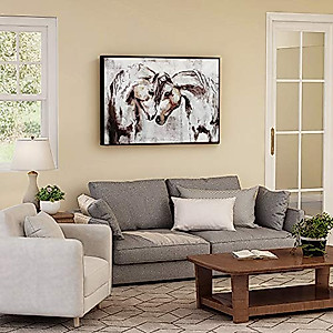lamplig Horse Pictures Large Hand Painted Wall Art Oil Paintings Brown Animal Canvas Prints Farmhouse Wall Decor Horses Head to Head Artwork Stretched Black Frame for Bedroom Living Room 48x32 inch