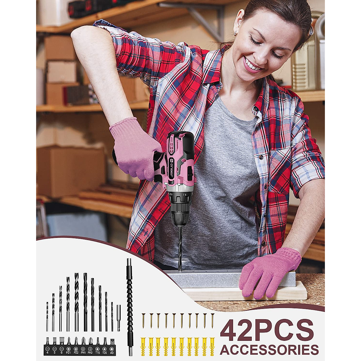 Drill Set, OUBEL 12V Cordless Drill Pink with 42 Acessories, Pink Power Drill Cordless with 3/8" Keyless Chuck, Built-in LED, 2 Variable Speed, Pink Drill for DIY Home Projects, Around the House
