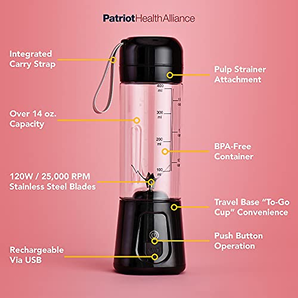 PATRIOT HEALTH ALLIANCE Patriot Power Blender, Portable, Cord-Free USB Rechargeable Mini Blender, Make Smoothies, Protein Shakes, Slushies for Kids & Margaritas On-The-Go, Ideal for Travel, Gym, Camping