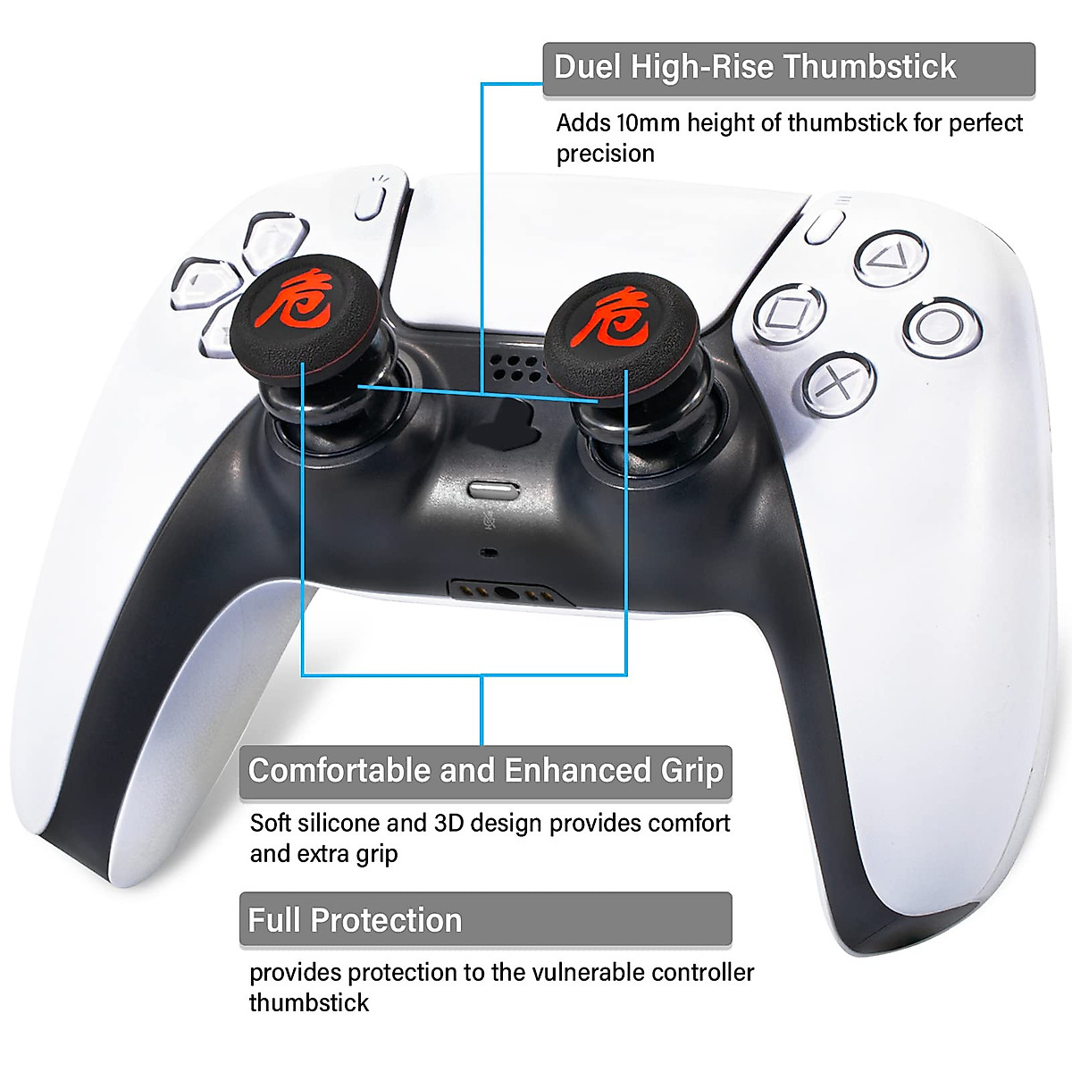 Playrealm FPS Thumbstick Extender & Printing Rubber Silicone Grip Cover 2 Sets for PS5 Dualsenese & PS4 Controller (Danger of Kanji)