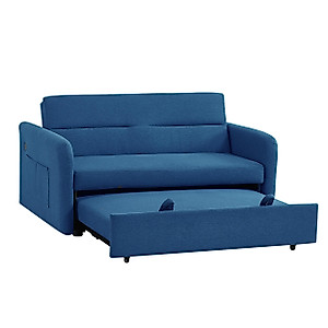 Bellemave Pull Out Sofa Bed Convertible Loveseat Sleeper Sofa with USB Charging Port & Arm Pocket, Modern Adjustable Sofa Bed with 2 Pillows, for Living Room, Apartment, Blue Yellow