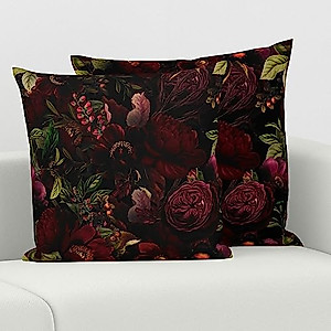 Spoonflower Square Throw Pillow, 18", Velvet - Romantic Gothic Moody Floral Vintage Flowers Victorian Dark Roses Print Throw Pillow Cover