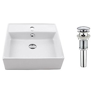 Kraus KCV-150-CH White Square Ceramic Sink and Pop Up Drain with Overflow, Chrome