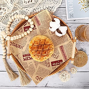 Whaline 4pcs Rattan Round Woven Tray Bread Basket Wicker Serving Tray Coffee Table Decorative Tray with Handles Free Wood Bead Garland Coaster Boho Farmhouse Decor for Living Room Kitchen (11 inch)