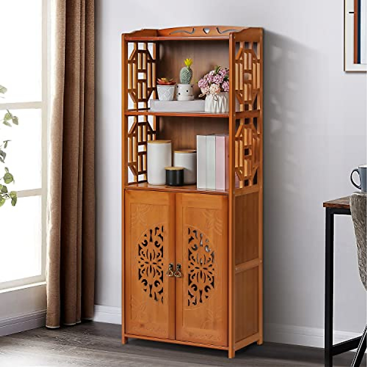 MoNiBloom 4 Tier Bookcase with Storage Cabinet, Bamboo Book Shelves Display Shelf with Carved Door for Home Office Living Room Study Room, Brown